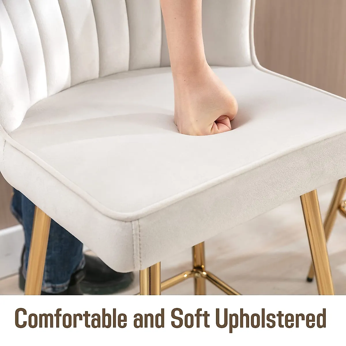 CIMOO Beige Velvet Counter Stools with Gold Legs Mid Century Modern Bar Stools Set of 2 Upholstered Counter Height Stool Chairs 26 Inch kitchen Island Chairs with Back