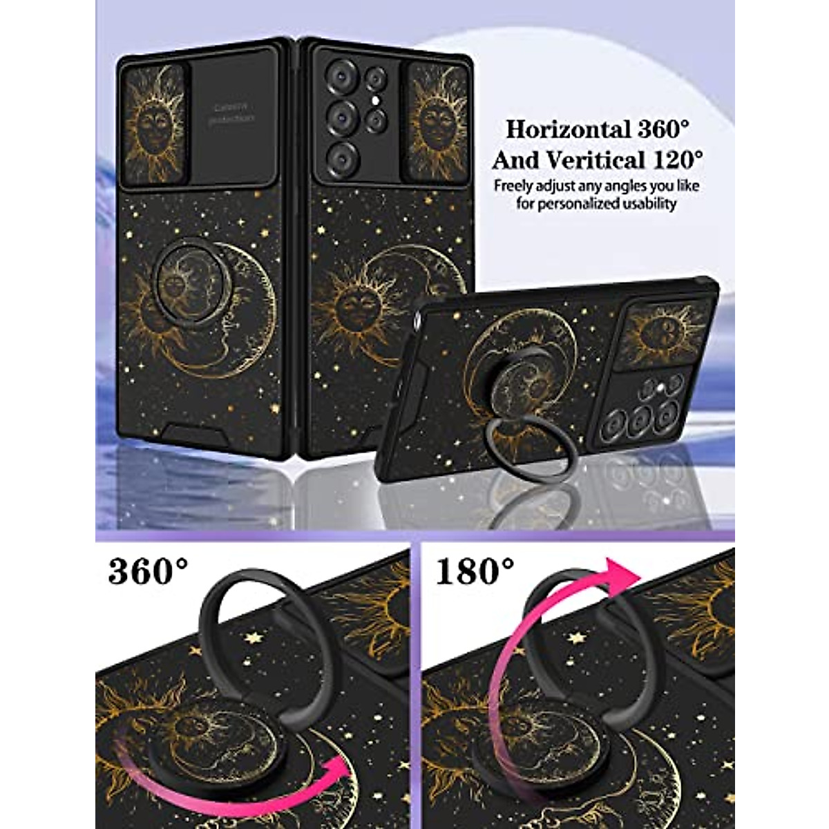 Goocrux (2in1 for Samsung Galaxy S22 Ultra Case Sun Moon Stars for Women Girls Cute Phone Cover Fashion Golden Star Print Pattern Design with Slide Camera Cover+Ring Holder Cases for S22 Ultra 6.8''