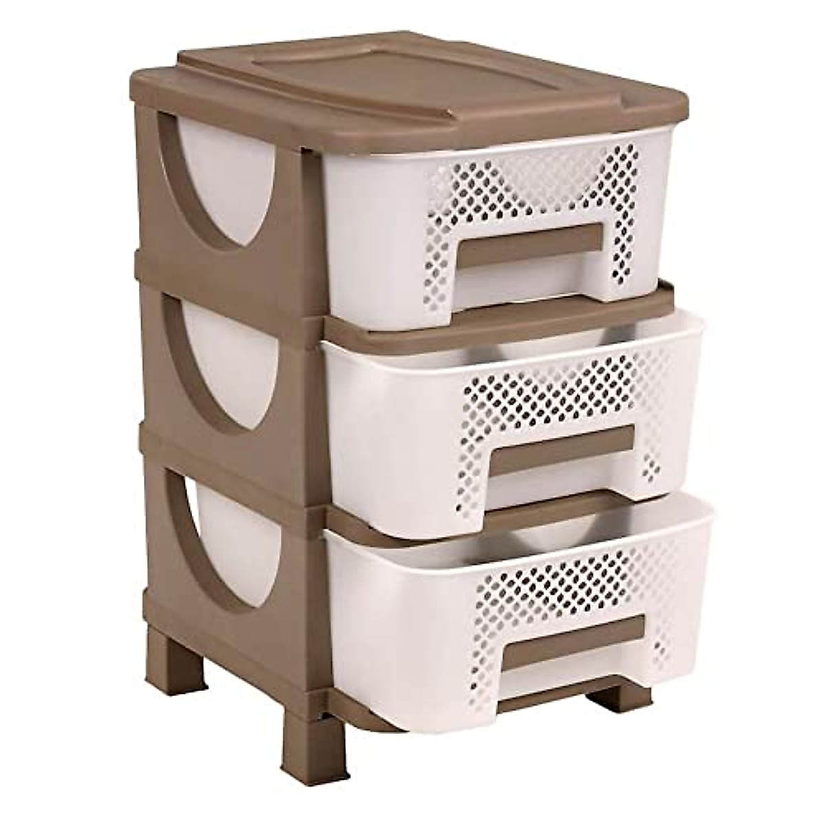 Homeplast Vesta Perforated Plastic 3 Drawer Home Storage Indoor/Outdoor Organizer Shelf Unit with Perforated and Ventilated Drawers, Beige