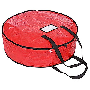ProPik Christmas Wreath Storage Bag 24" - Garland Holiday Container with Tear Resistant Material - Featuring Heavy Duty Handles and Transparent Card Slot - 24” X 7” (Red)