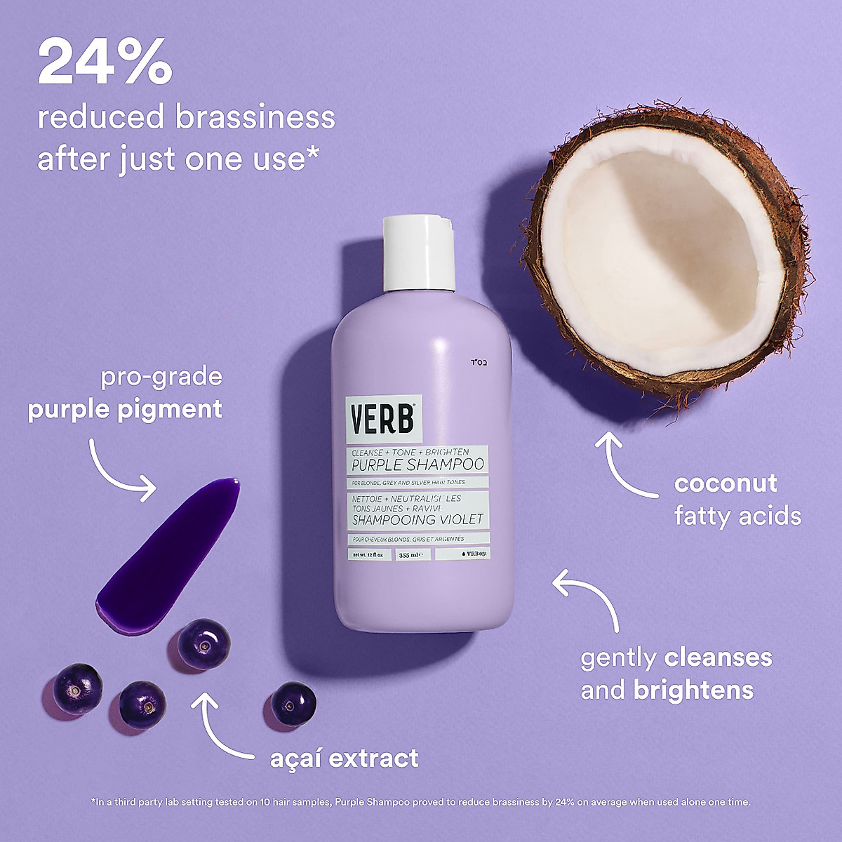 VERB Purple Shampoo - Vegan Toning Shampoo for Blonde, Grey and Silver Hair - Free of Harmful Sulfates and Paraben - Purple Color Corrector to Reduce Yellow Brassy Tones, 12 fl oz