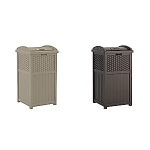 Suncast 33 Gal Hideaway Trash Can for Patio - Resin Outdoor Trash with Lid & 33 Gal Hideaway Can Resin Outdoor Trash with Lid Use in Backyard, Deck, or Patio, 33-Gal, Brown