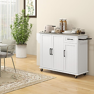 HOMCOM Kitchen Island with Storage, Rolling Kitchen Island on Wheels with Drawer, 3 Cabinets, Stainless Steel Countertop, Spice Rack and Towel Rack, White
