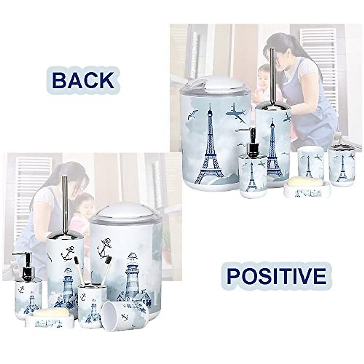BFYLSQUE Lighthouse Bathroom Accessory Set, 6 Pieces Luxury Bath Accessories Bath Set Lotion Bottles Toothbrush Holder Tooth Mug Soap Dish Toilet Brush Rubbish, for Modern Design - Plastic