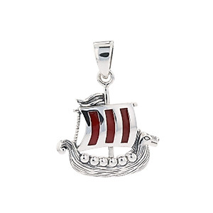 Jewelry Trends Norse Viking Ship Sterling Silver Pendant with Red Striped Sail