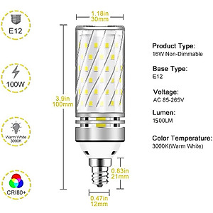 inShareplus E12 LED Bulbs, 16W Candelabra Light Bulbs, Warm White 3000K, CRI80+, 1500LM 120W Equivalent, E12 Base LED Chandelier Bulbs, Non-Dimmable LED Lamp, 6Pack