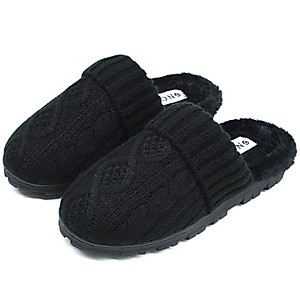 ONCAI Women’s-House-Slippers-Winter-Slipper-for-Women Knitted Fleece Memory Foam Slip-on Cozy Warm Outdoor Lady Fur Lined Garden Home Slippers Black