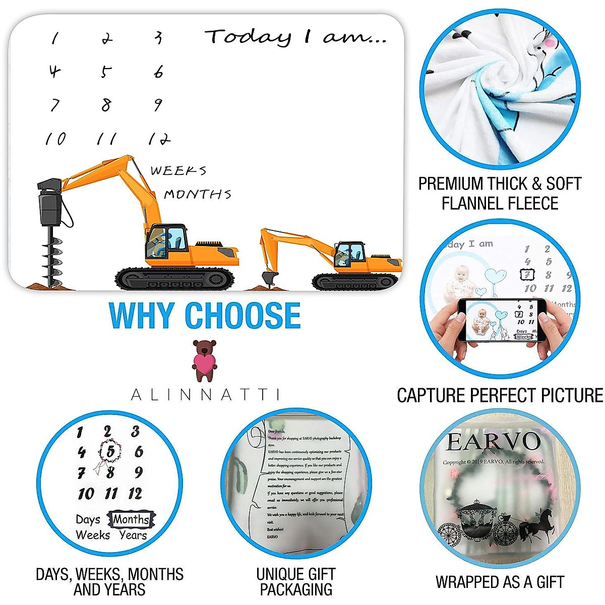 EARVO Baby Monthly Milestone Blanket Boy or Girl Construction Truck Baby Month Blanket with Wreath Frame Yellow Truck Milestone Blanket for Newborn to 12 Months Milestones 48”x48”BTZDEA10