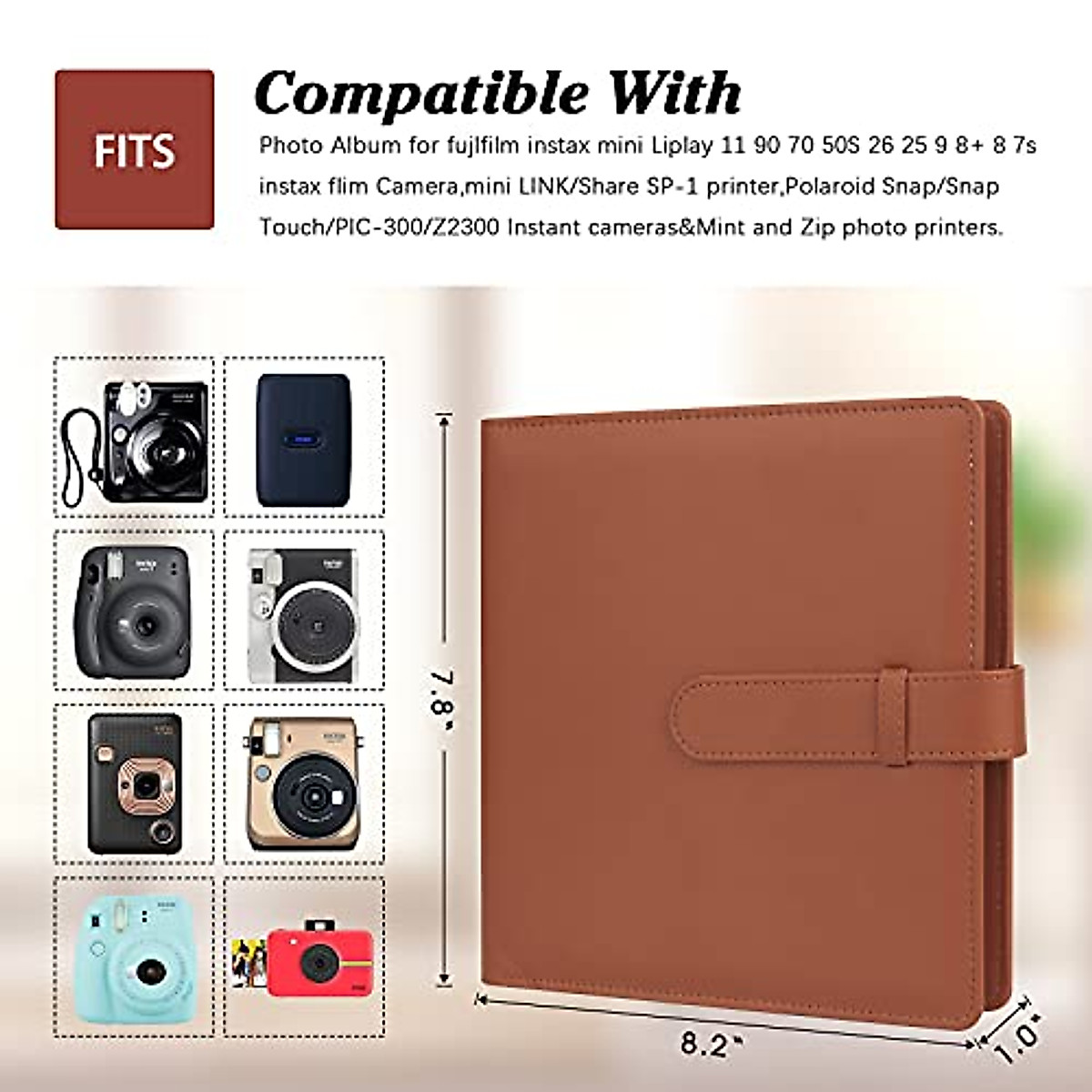 256 Photos Album for Fujifilm Instax Mini Camera, Polaroid 2”x3” ZINK Pictures, 2x3 Photo Album Book for Fujifilm Instax Mini 11 12 9 90 70 40 8 Instant Camera, Polaroid Snap PIC-300 Z2300 Camera (Brown)