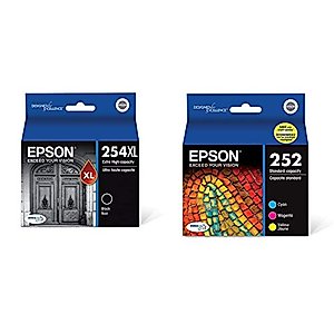 Epson DURABrite Ultra 254XL Extra High-Capacity -Ink -Cartridge, Black (T254XL120) & EPSON T252 DURABrite Ultra Ink Standard Capacity Color Combo Pack (T252520-S) for select WorkForce Printers, 1 Size