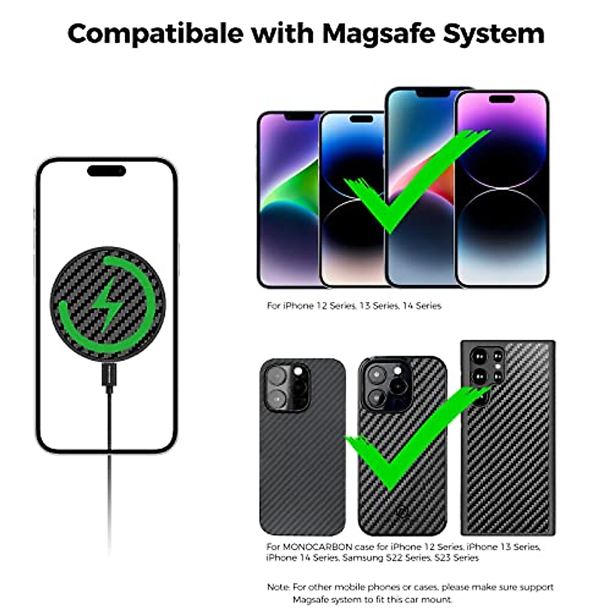 MONOCARBON Car Phone Holders for iPhone, MagSage Car Mount Charger Wireless, iPhone 15 Car Charger Adapter Fast Charging, Magnetic Car Phone Holder Mount.(Twill Carbon Matte Black+Charger)