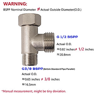Bidet T Adapter - T Valve Adapter for Bidet, Made of Brass Coated Nickel (Thread Size 3/8 x 3/8 x 1/2 or 9/16 x 9/16 x 1/2), 3 Way Adapter or Tee Connector