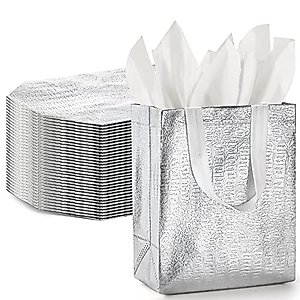 Elsjoy 40 Pack Glossy Reusable Grocery Bags, 10 x 8 Inch Non-woven Tote Shopping Bags with Handle, Silver Shiny Gift Bags Stylish Shopping Bags for Birthday, Wedding, Party, Business