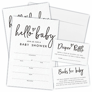 JCVUK Set of 25 Baby Shower Invitations with Envelopes, Diaper Raffle Tickets and Baby Shower Book Request Cards, Hello Baby, Modern Minimalist Theme Gender Reveal Party For Boys or Girls(YQKTZ-A09)