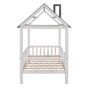 HomSof Twin House Beds Wood Bed Frame Kids Platform Bed with Pine Wood Roof, Fence-Shaped Guardrails, Cabin Bed for Children Kids, Teens, White|Grey, Twin