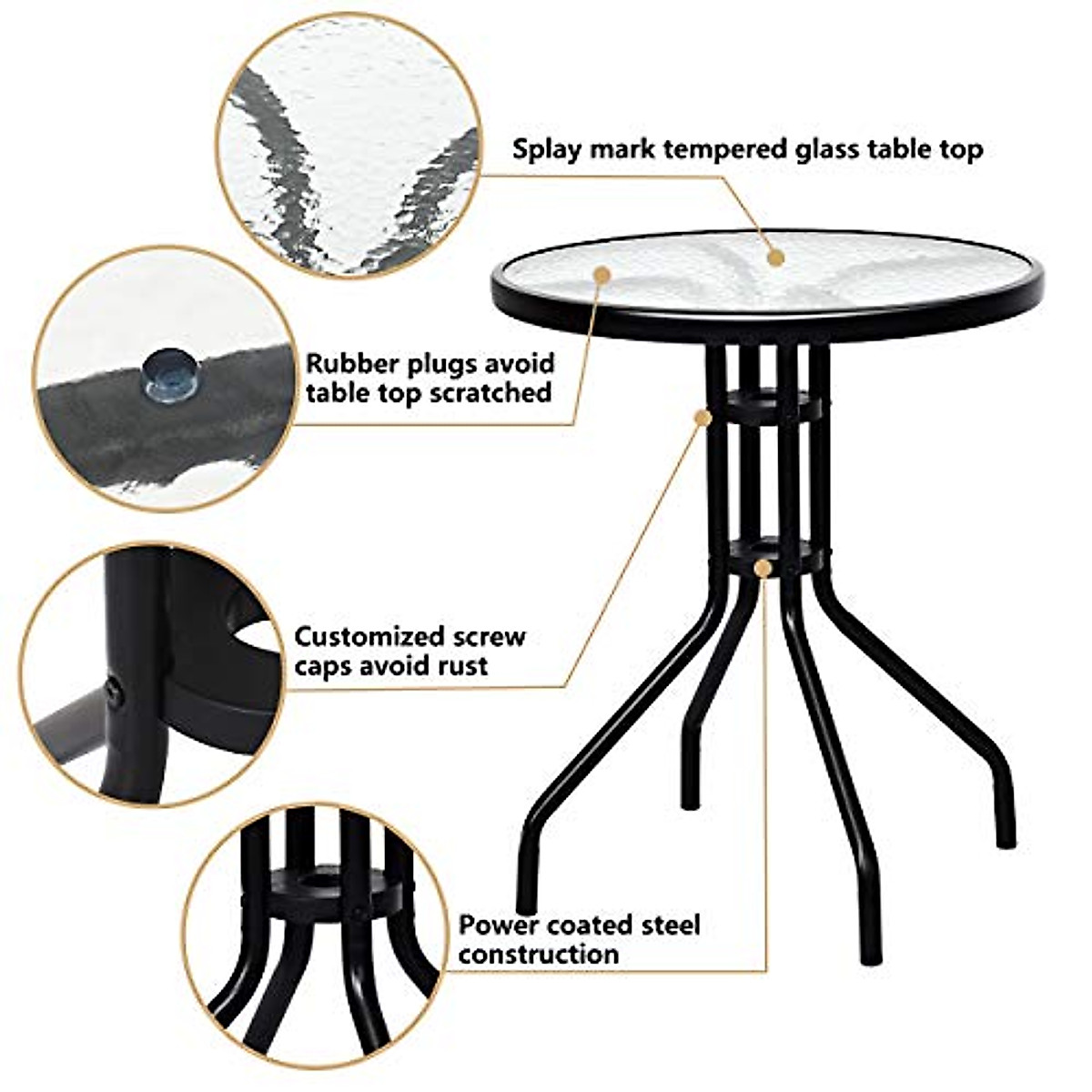 Goplus Patio Bistro Set, 3-Piece Patio Dining Furniture Set with Round Tempered Glass Table, 2 Foldable Chairs, Small Outdoor Folding Chairs & Table Set for Porch Garden Pool Yard