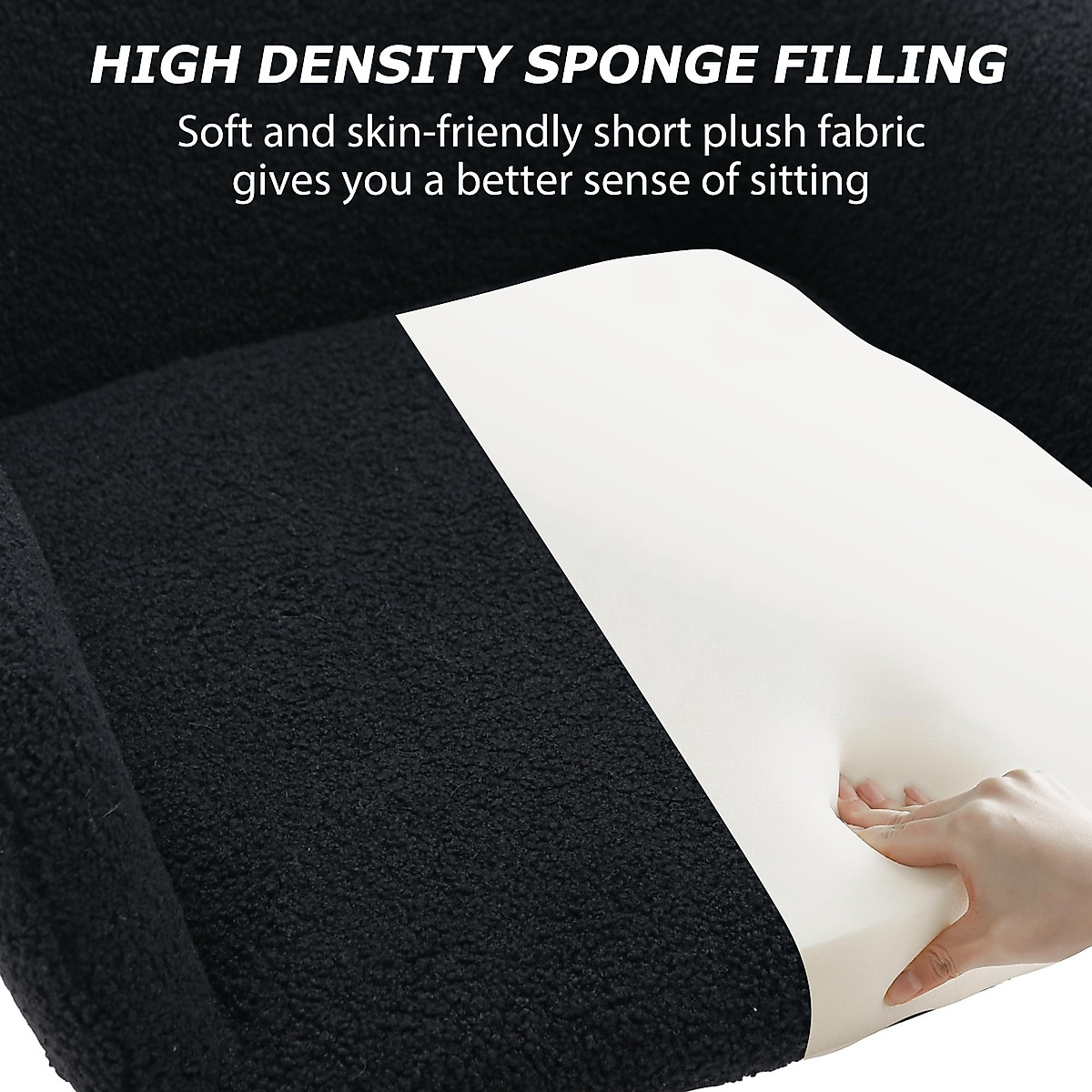 KCC Faux Fur Office Desk Chair, Comfy Swivel Armchair with Wheels, Upholstered Fuzzy Vanity Chair, Adjustable Seat Height, Black