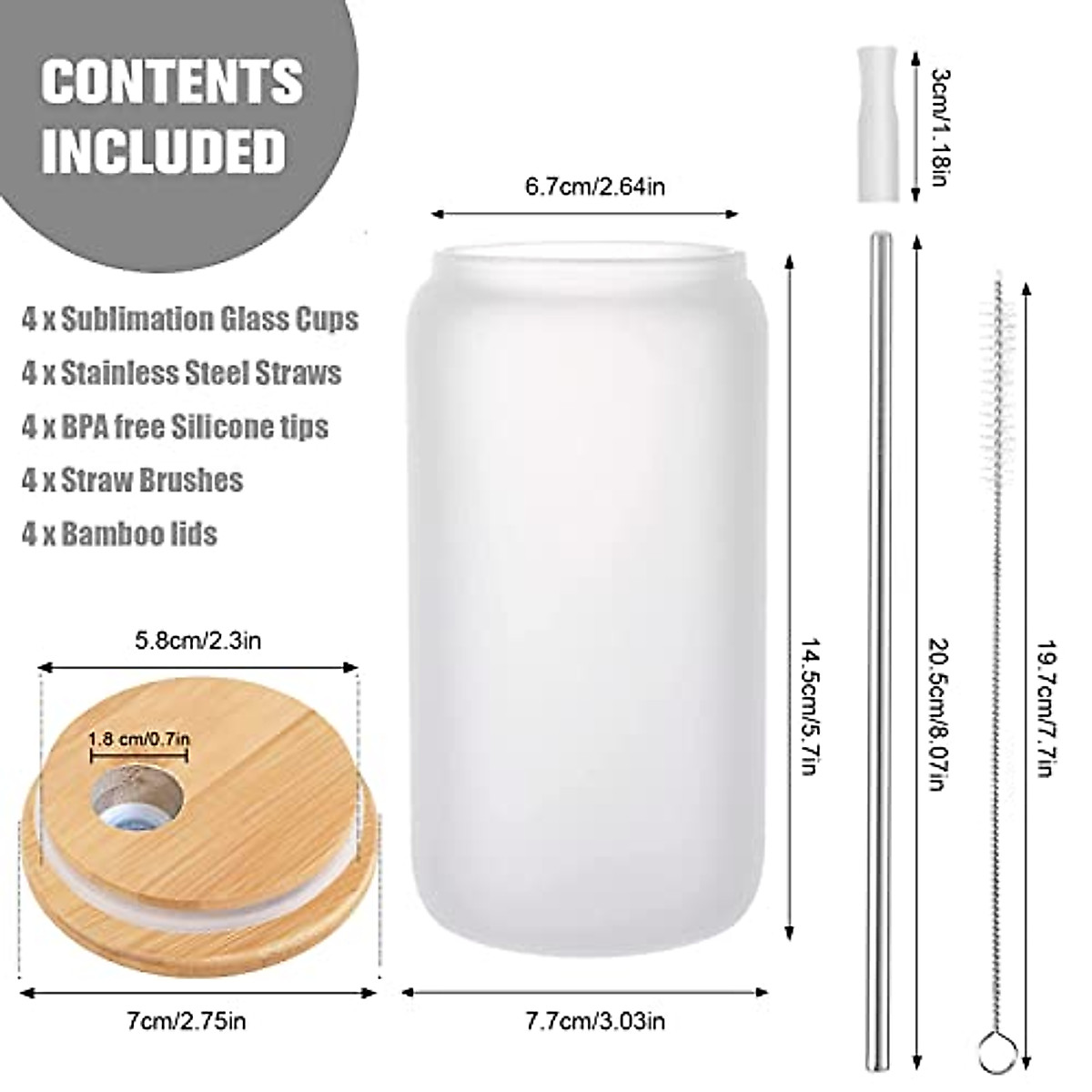 WindMage 4 packs 16 oz Frosted Sublimation Glass Cans Blanks with Bamboo Lid, Stainless Straw, Brush, Silicone Tip, Reusable Drinking Beer Cans Iced Coffee Glasses Jar Tumbler Cups