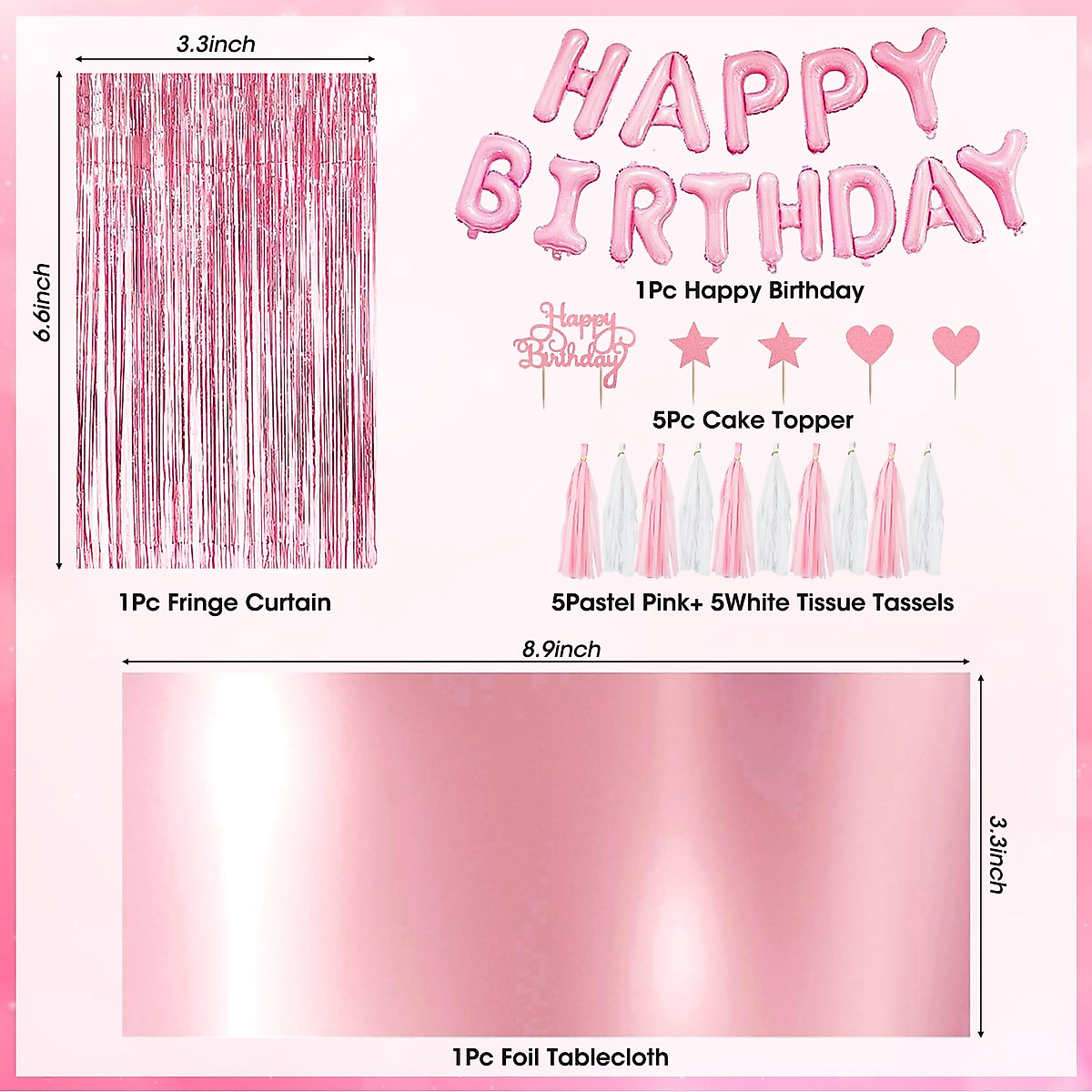 Pink Birthday Party Decorations, Happy Birthday Banner Tablecloth Cake Toppers Fringe Curtain Tassels Pink and White Confetti Foil Balloons for Girls Women Wedding Baby Shower Party Supplies