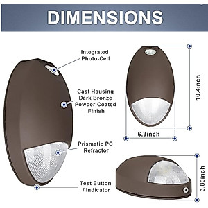 E2 LIGHTING Mini Wall Pack Emergency Lights, Dark Bronze, 2 Pack - Outdoor Emergency Lights & Backup Lighting, Photocell Sensor, IP65, Wet/Cold Resistant, 90 Mins Battery Backup