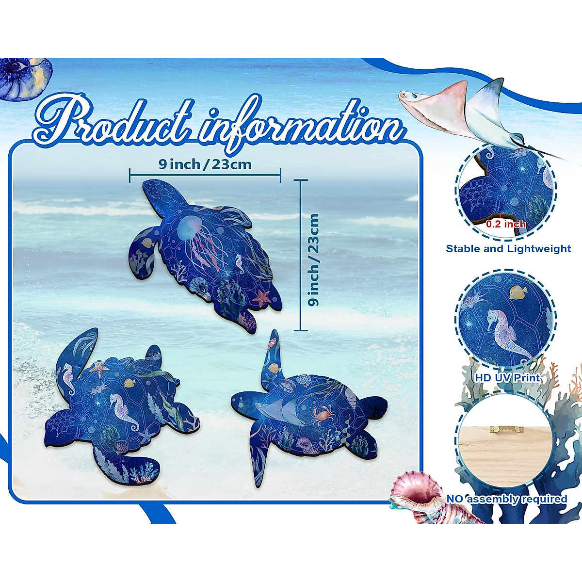 3 Pieces Wooden Turtle Wall Art ustic Turtle Bathroom Decor Turtle Art Sculpture Hanging Blue Marine Animal Turtle Decorations for Patio Swimming Pool Home Wall