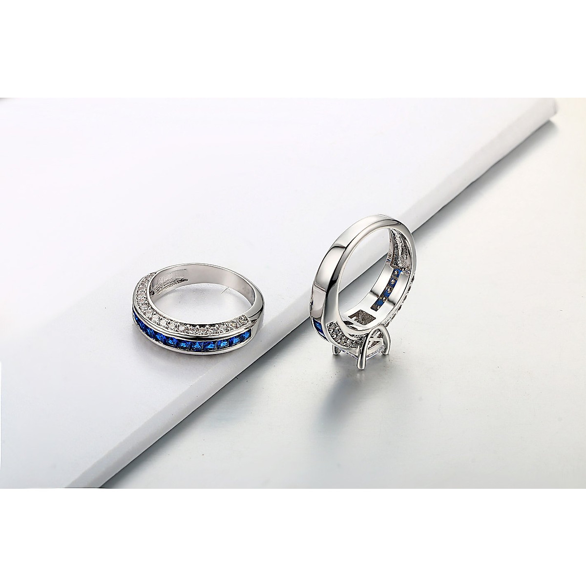 European Style Amethyst Two Pieces Cubic Zirconia Wedding Engagement Band Couple Rings (Blue, 5)