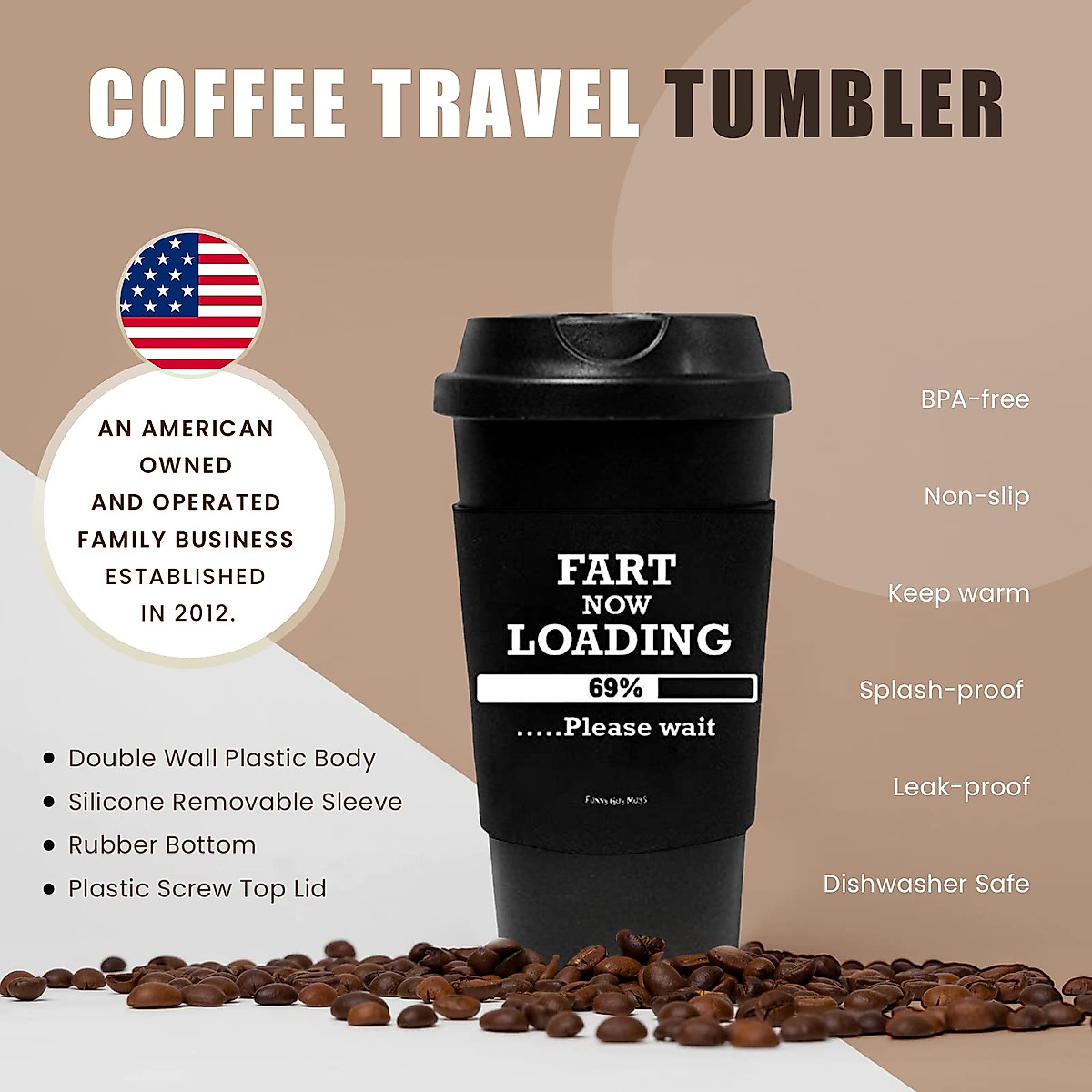 Funny Guy Mugs Fart Now Loading Please Wait Travel Tumbler With Removable Insulated Silicone Sleeve, Black, 16-Ounce