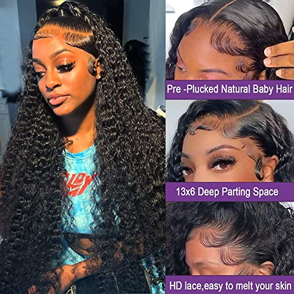 Manorshen Deep Wave Lace Frontal Wigs Brazilian Virgin 13x4 Lace Front Deep Curly Wave Glueless Brazilian Hair Wet Wavy Human Hair Lace Front Wig With Baby Hair (Nature Black Deep 13x4, 18 Inch)