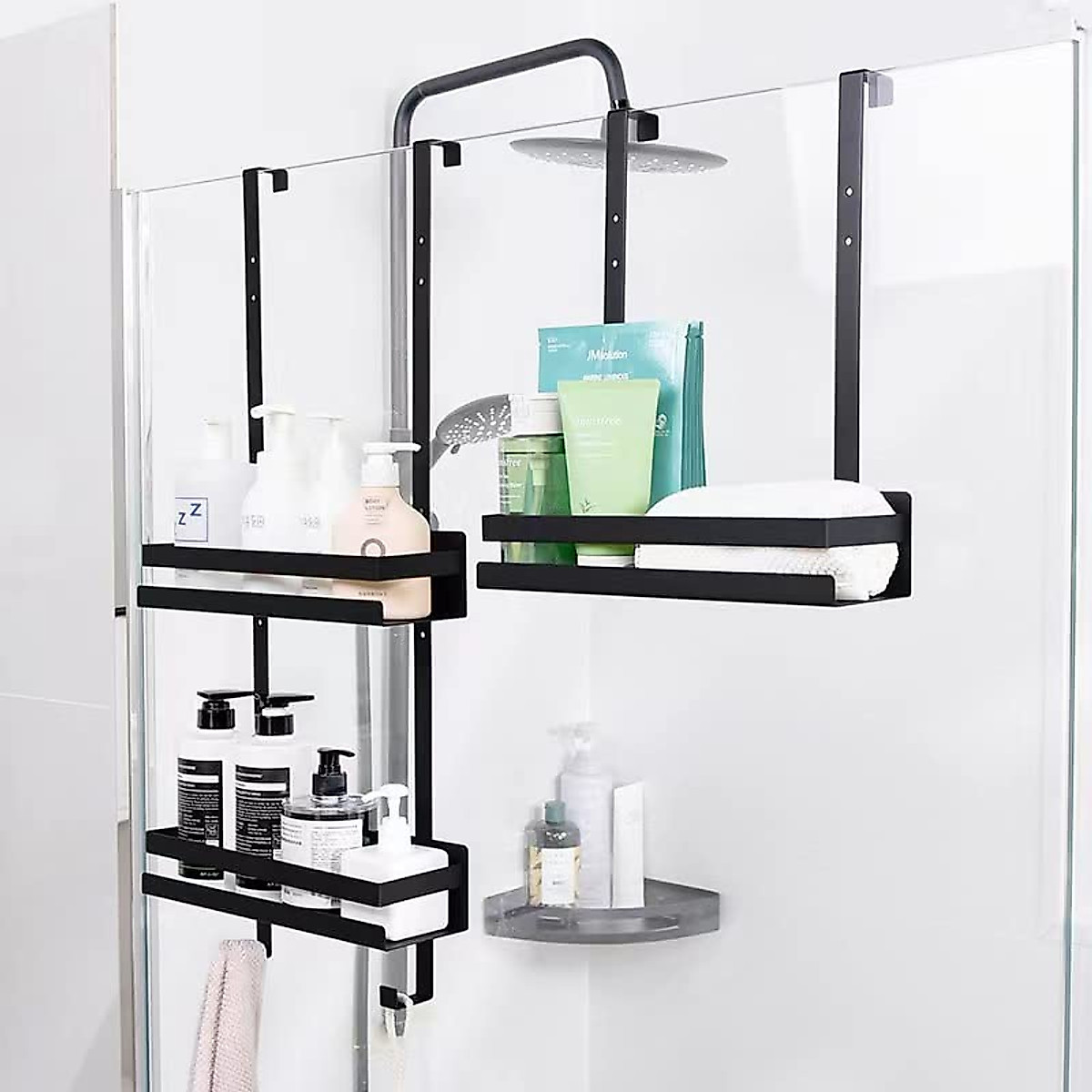 Natural Bamboo Over the Door Shower Caddy，Rust-proof Carbon Steel Adjustable Hanging Organizer Shelf ,Soap Holder Bathroom Shelf，Shower Basket with Hook Suction Cup (Black-2 Tier)