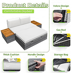 Greesum Outdoor Daybed Set Multifunctional Wicker Lounge Bed Furniture with Two Side Tables, Cushions, Storage Bench for Porch Lawn Patio Beach, Onesize, White