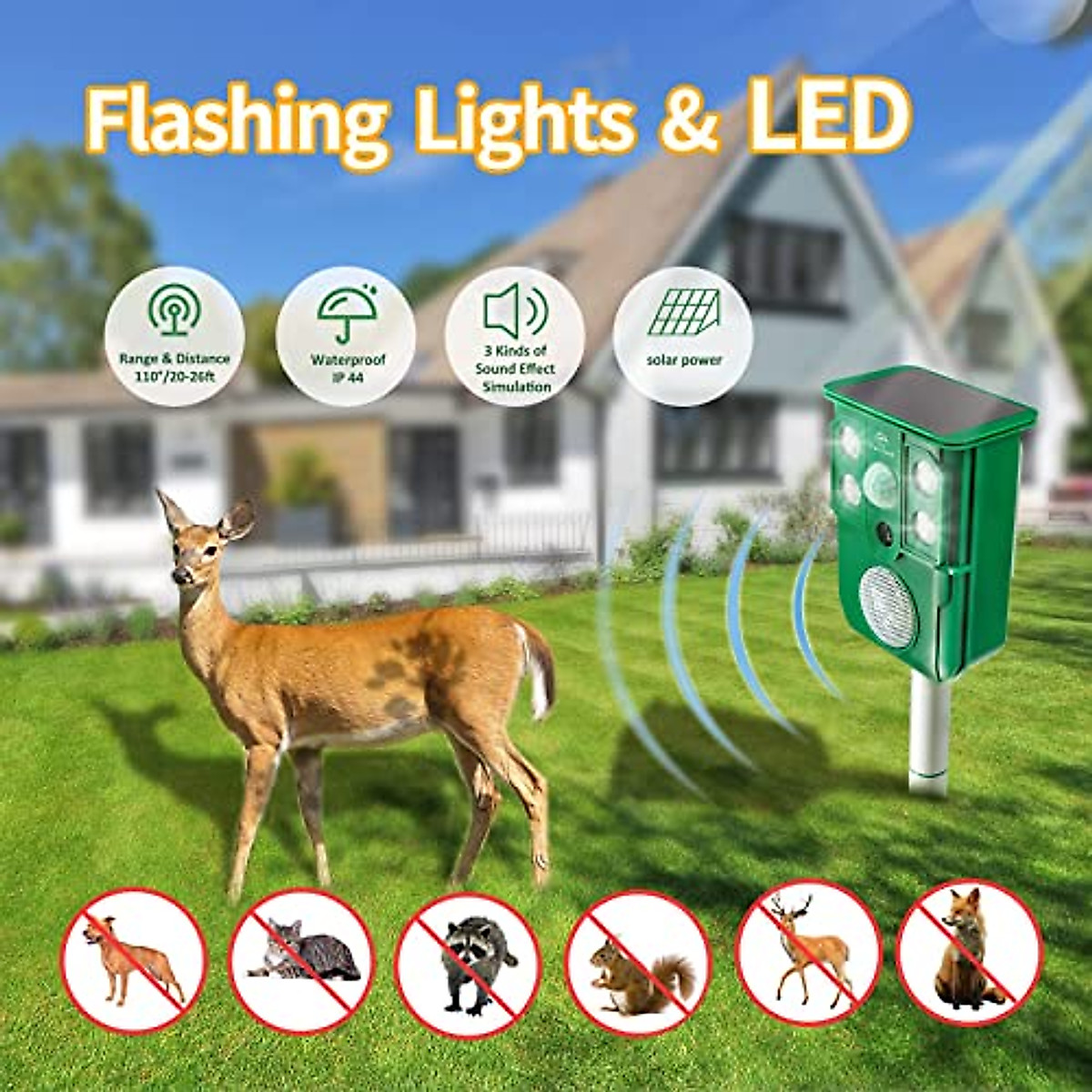 Careland Cat Repellent Outdoor Solar Animal Repeller Ultrasonic Deer Repellent Devices with Flashing Light Simulate Dog Barking, Gunshots, and Eagle Barking to Scare Away Animals from Your Garden