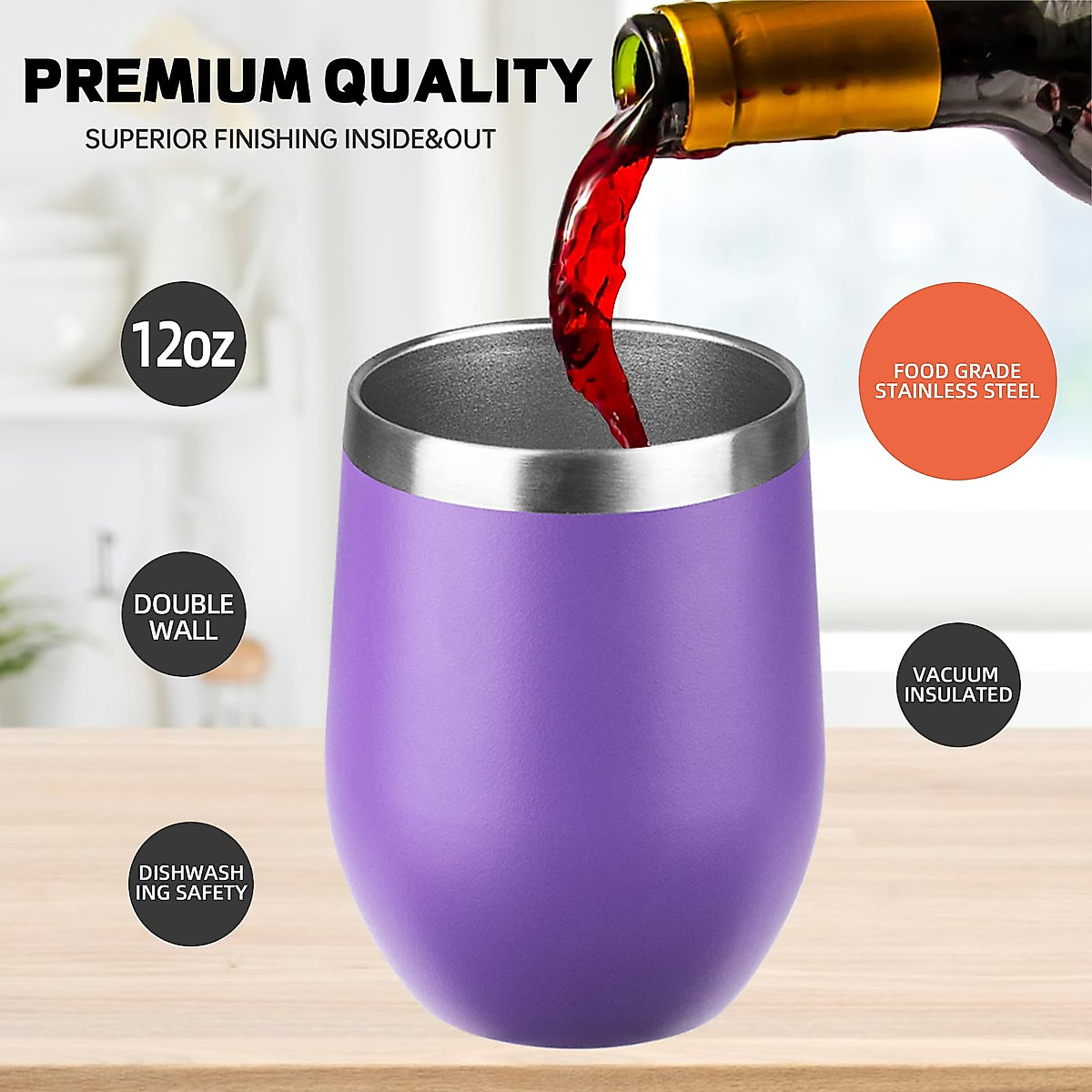 StarSpeed 12oz Wine Tumbler with lid, Stainless Steel Travel Mugs Stemless Double Wall Insulated Coffee Cup, Insulated Wine Glasses Travel Tumbler for Cold & Hot Drinks(Purple, 1)