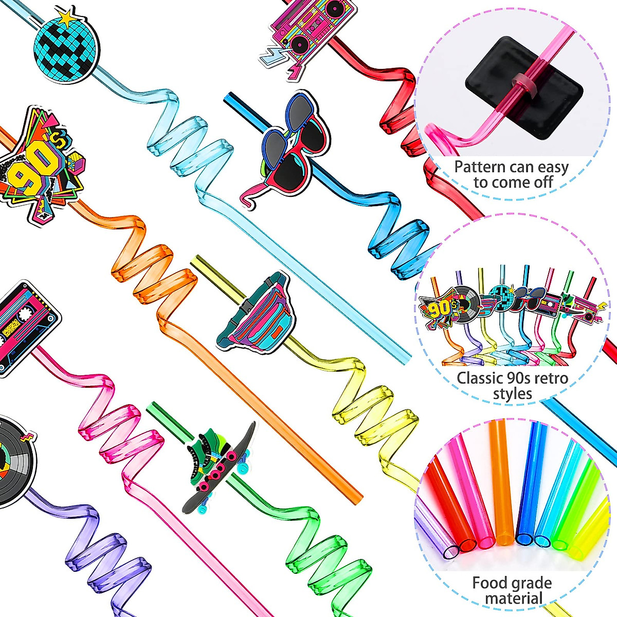 24 Pieces Christmas 90s Theme Straws 90's Rock Disco Party Supplies 1990's Retro Plastic Drinking Straws 90's Party Decorations for Birthday Disco Dancing Parties 8 Styles, 8 Colors