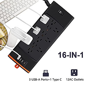 Surge Protector Power Strip, 6 Ft Extension Cord Power Strip, 12 Outlets & 4 USB (3A1C) Ports,1875W, 2700J, College, Dorm, Home, Office Essentials