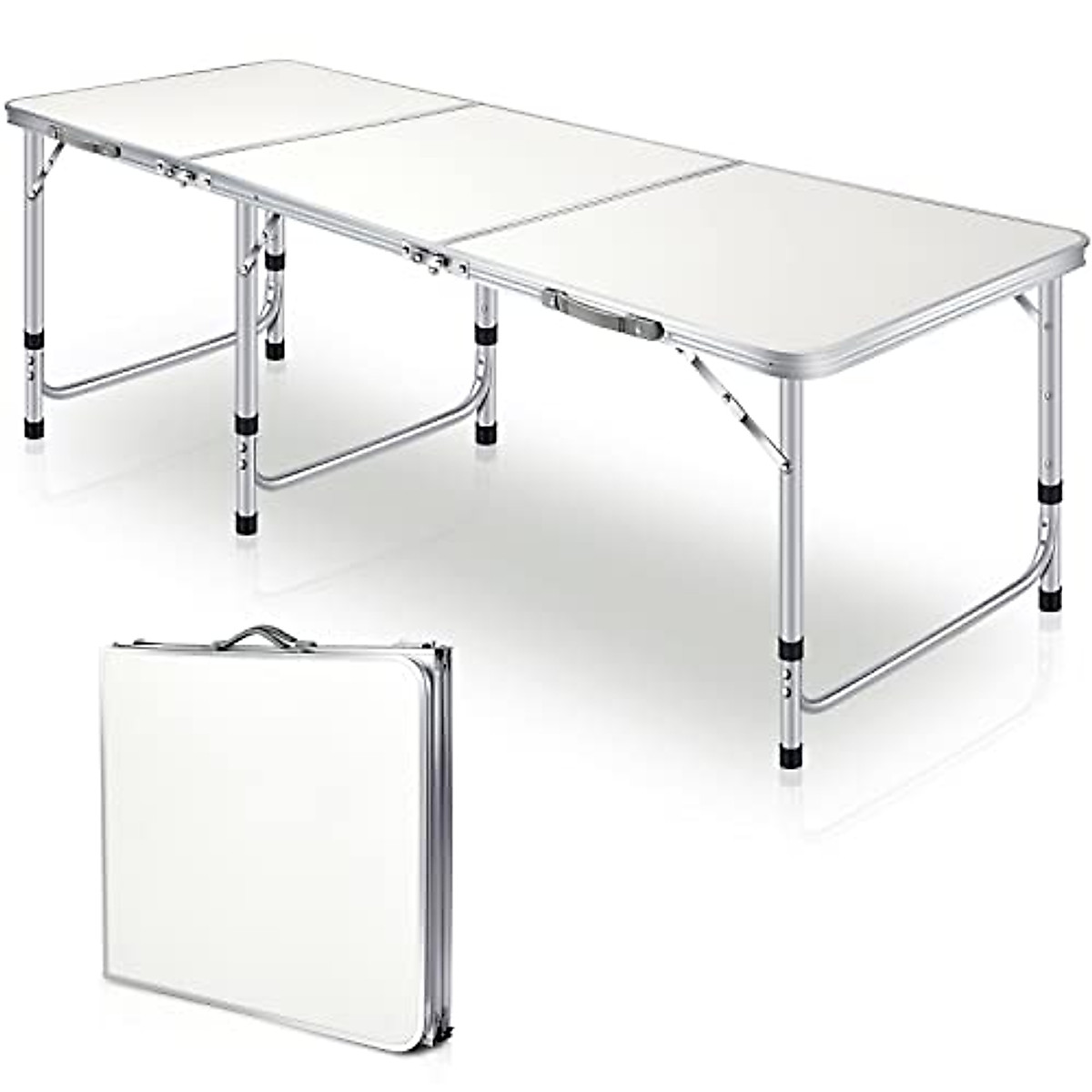 Queekay 6ft Folding Camping Table, Portable Aluminum Folding Table Lightweight Tri Fold Outdoor Table with 3 Adjustable Heights Legs for Picnic, Party, Beach, BBQ, 71 x 24 Inch (1)