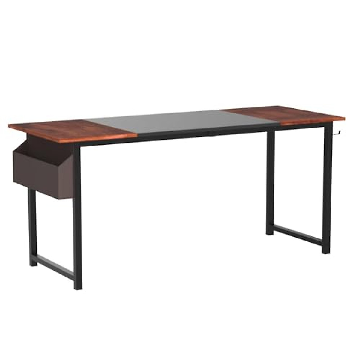 Decoholic 63 Inch Home Office Computer Two-Color Panel Desk with Storage Bag and Hook, Black, Sandalwood Color, Industrial Modern Laptop Desk