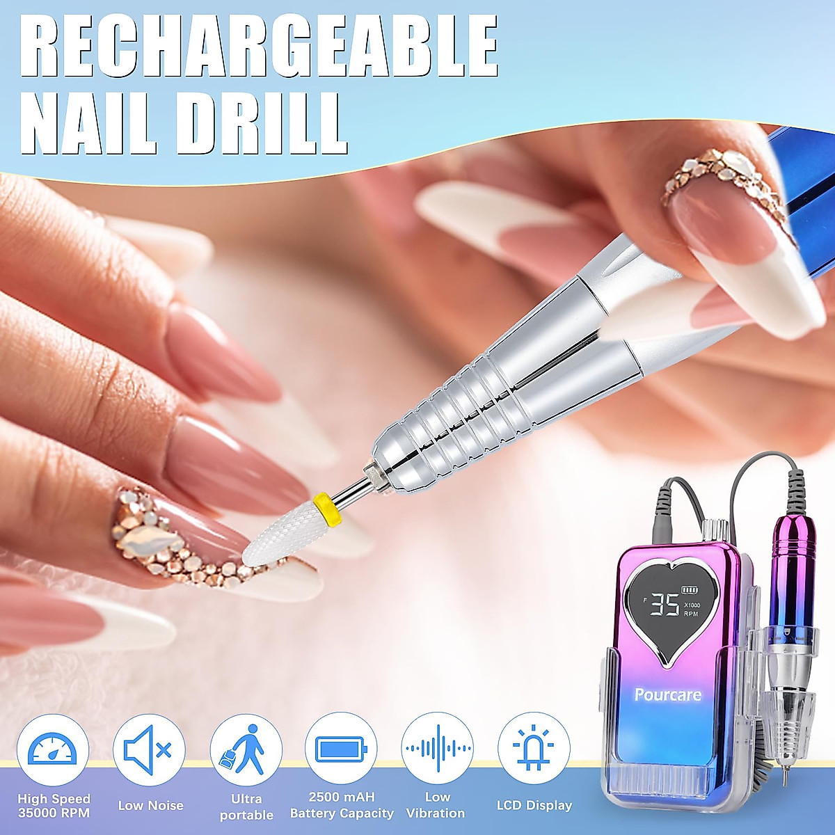 Electric Professional Nail Drill 35000 RPM,Electric Nail File Efile Machine Set,Rechargeable Acrylic Nail Tool Kit,Manicure Pedicure Gel Grinder Polish for Home Salon Teach(Sunset Blue)