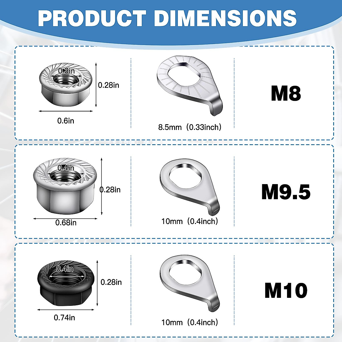 Zacro 18pcs Bike Wheel Axle Nut and Bicycle Hub Safety Washer Kit, M8 M9.5 M10 Bicycle Hub Flanged Axle Nuts, Bike Parts Accessories for Front and Rear Most Mountain Road Commute Bike Wheel Axle
