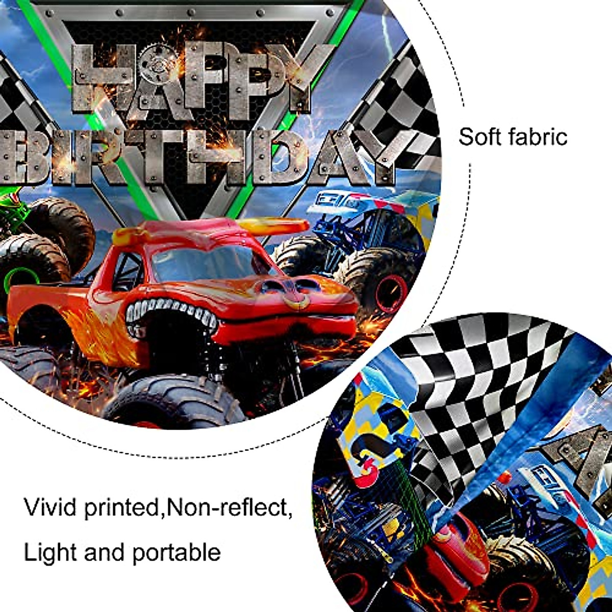 Newsely Truck Themed Birthday Party Backdrop 7Wx5H Monster Boys Kids Happy Birthday Background Photography Jam Burning Flame Car Grave Digger Party Decorations Banner Photo Booth Props Supplies