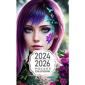 Pocket Calendar 2024-2026: Two-Year Monthly Planner for Purse , 36 Months from January 2024 to December 2026 | Cyberpunk Floral face paint fairy | ... room | Woman in her 20s | Detailed hairstyle