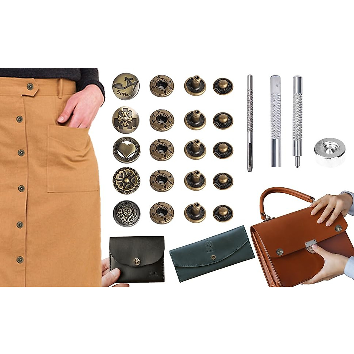 40 Sets Snap Fasteners Kit, 17 mm Big Size Metal Clothing Snaps Kit with Fixing Tools, Leather Rivets+Buttons Press Studs+Double Cap Rivet for Bracelet, Bags, Leather, Coat, Down Jacket, Jeans Wear