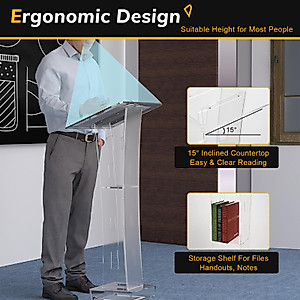 Clear Podium with Light, Acrylic Podium Stand Lecterns & Podiums Pulpits for Churches, Presentation Clear Podium Lectern Church Acrylic Podium Stand for Churches, Weddings, School, Office (US Stock)