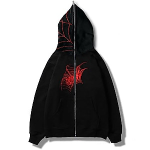 Amiblvowa Womens Men Full Zip Up Over Face Spider Rhinestone Hoodies Y2k Gothic Skull Skeleton Graphic Print Hooded Jacket Streetwear