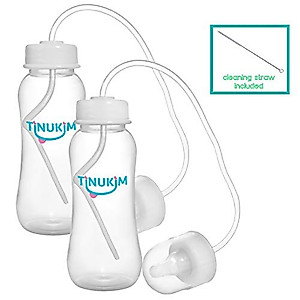 Tinukim iFeed 9 Ounce Self Feeding Baby Bottle with Tube - Handless Anti-Colic Nursing System, White - 2-Pack