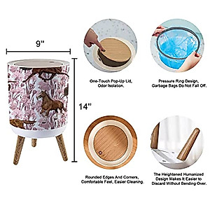 Round Trash Can with Press Lid Running horse and floral seamless for printing on textilesWallpaper Small Garbage Can Trash Bin Dog-proof Trash Can Wooden Legs Waste Bin Wastebasket 7L/1.8 Gallon