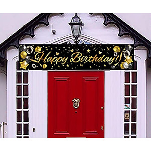 Happy Birthday Backdrop Banner 2 Pieces Large Black and Gold Happy Birthday Sign Birthday Photography Supplies Indoor Outdoor Birthday Party Decorations for Children Men Women Celebration