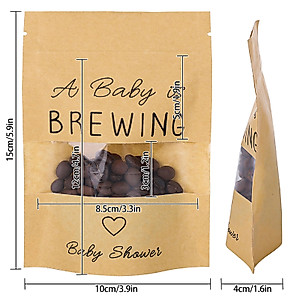 Whaline 50 Pack Kraft Paper Resealable Bags Coffee Baby Shower Favor Bags A Baby is Brewing Stand Up Pouches Bags with Window for Gender Reveal Party Donuts Goodie Candy Gifts Supplies, 3.9x5.9 Inch