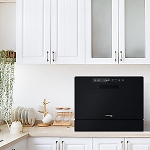 Countertop Dishwasher, GASLAND Chef Portable Dishwashers with 5 Washing Programs, 6 Place Setting Countertop or Built-in Dishwasher Machine, High-temperature Washing with Faucet Adapter, Black