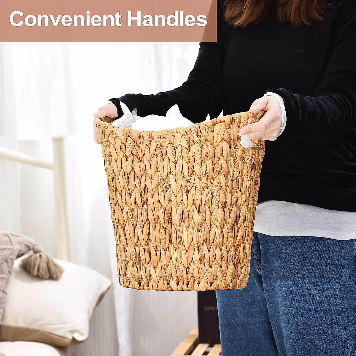 FairyHaus Wicker Trash Can with Handles, Natural Water Hyacinth Wicker Waste Basket, Handwoven Wicker Trash Basket for Bathroom Bedrooms, 13" L x 7.5" W x 12.2" H