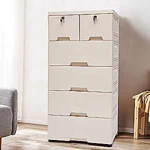 CNCEST Plastic Drawer Dresser with 6-Drawer Locker Closet Drawer High Dresser Storage Cabinet Clothes Organizer Bedroom Furniture Playroom Off-White